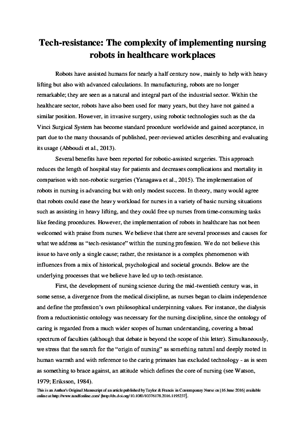 (PDF) Tech-resistance: The complexity of implementing nursing robots in ...