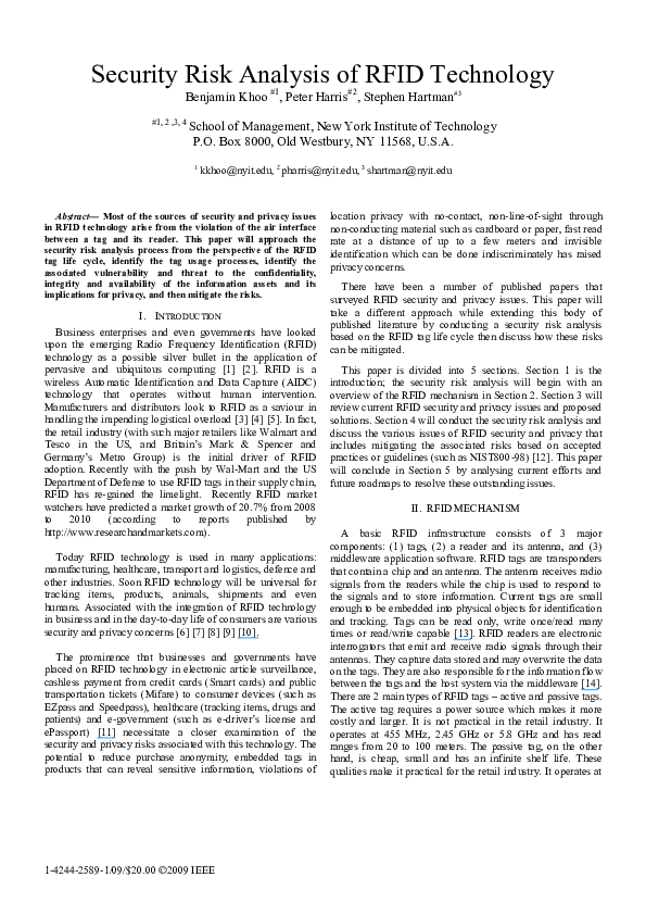 (PDF) Security risk analysis of RFID technology: A RFID tag life cycle ...