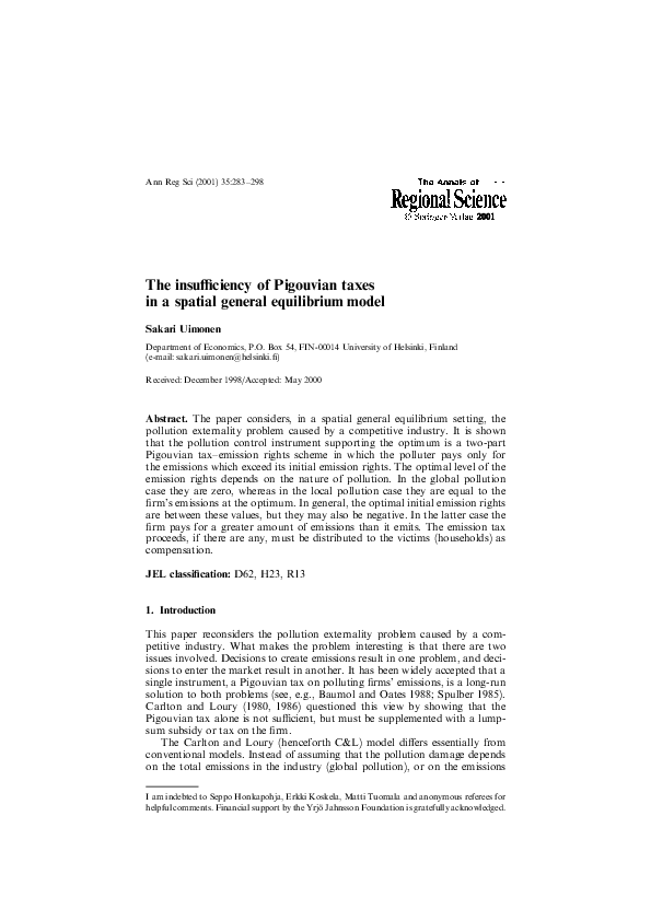 (PDF) The insufficiency of Pigouvian taxes in a spatial general ...