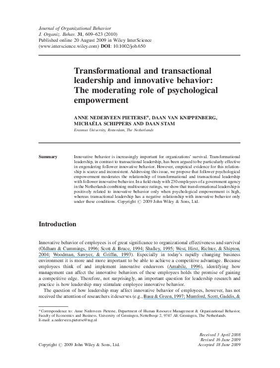 (PDF) Transformational and transactional leadership and innovative behavior: The moderating role ...