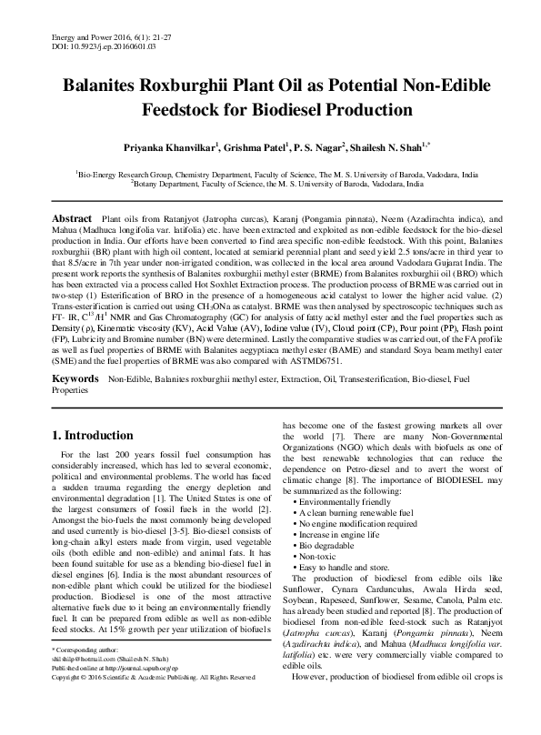 (PDF) Balanites Roxburghii Plant Oil as Potential Non-Edible Feedstock ...