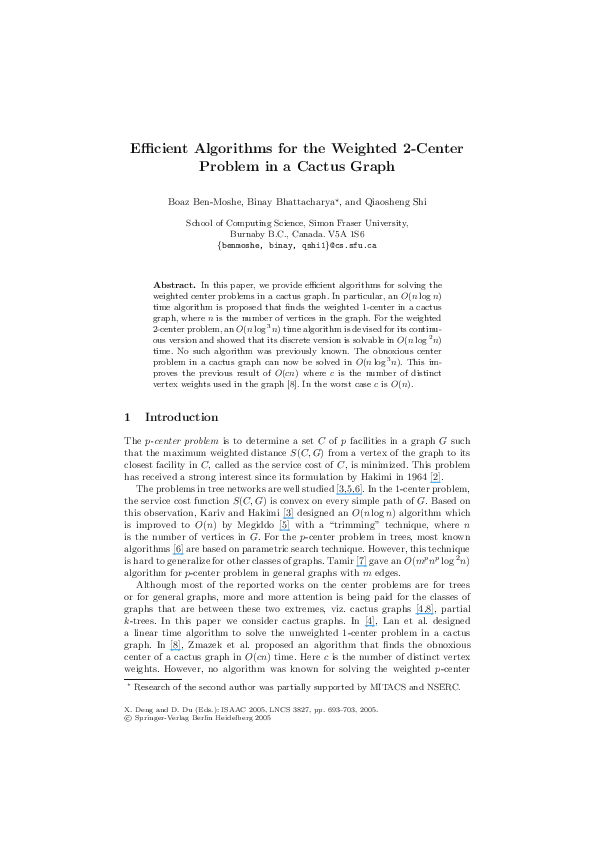 (PDF) Efficient Algorithms for the Weighted 2Center Problem in a Cactus Graph