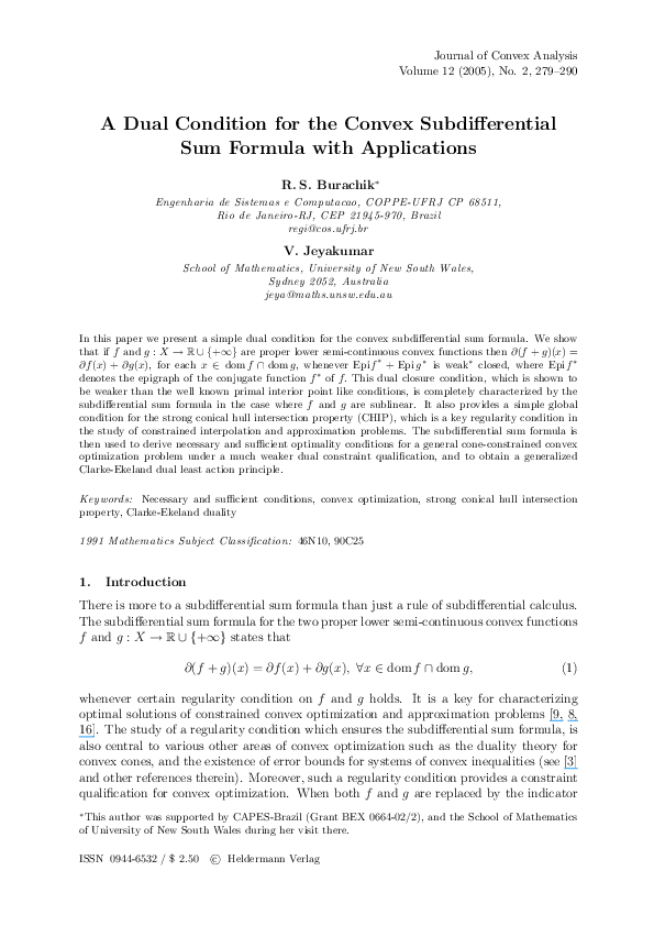 (PDF) A Dual Condition for the Convex Subdifferential Sum Formula with Applications