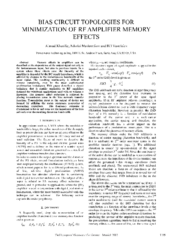 (PDF) Bias circuit topologies for minimization of RF amplifier memory effects