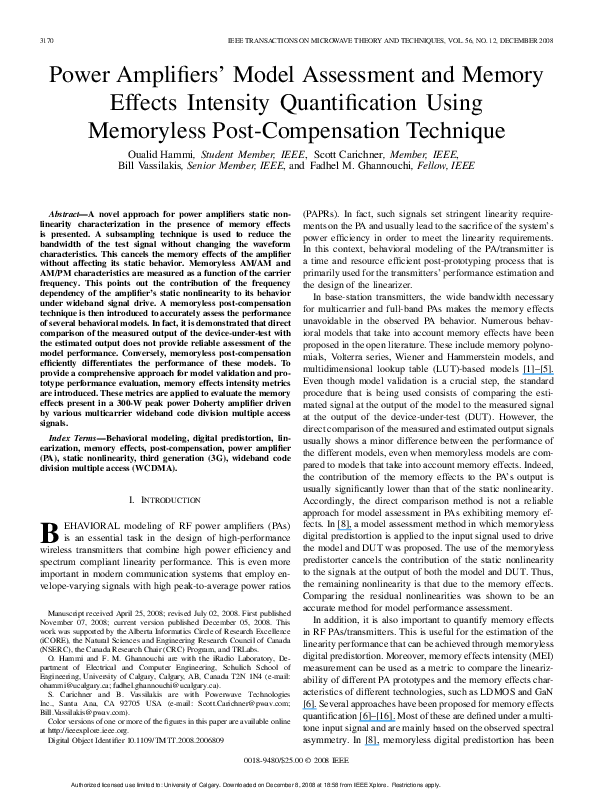 (PDF) Power Amplifiers' Model Assessment and Memory Effects Intensity Quantification Using ...