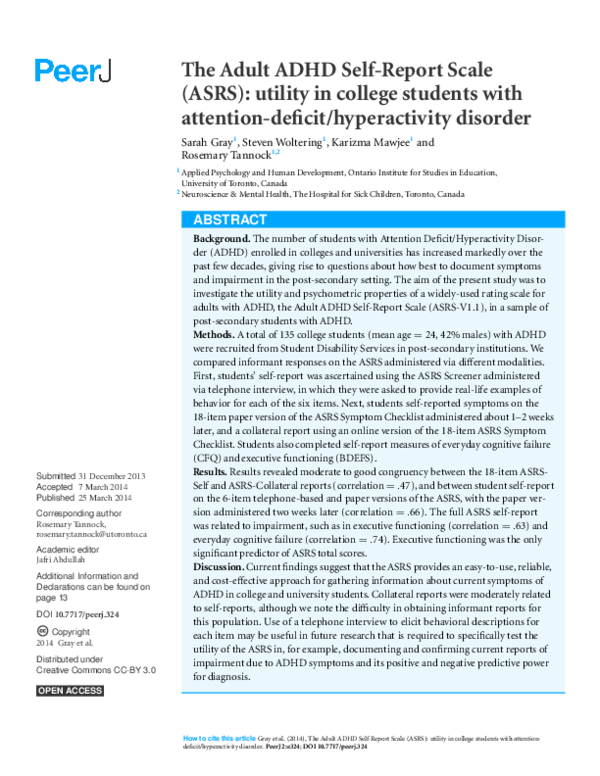 (PDF) The Adult ADHD Self-Report Scale (ASRS): utility in college ...