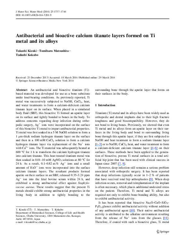 (PDF) Antibacterial and bioactive calcium titanate layers formed on Ti ...