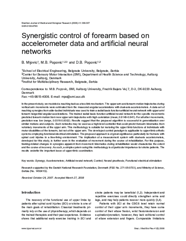 Pdf Synergistic Control Of Forearm Based On Accelerometer Data And Artificial Neural Networks