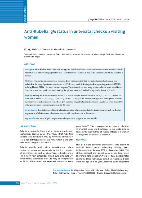 (PDF) Anti-Rubella IgM status in antenatal checkup visiting women