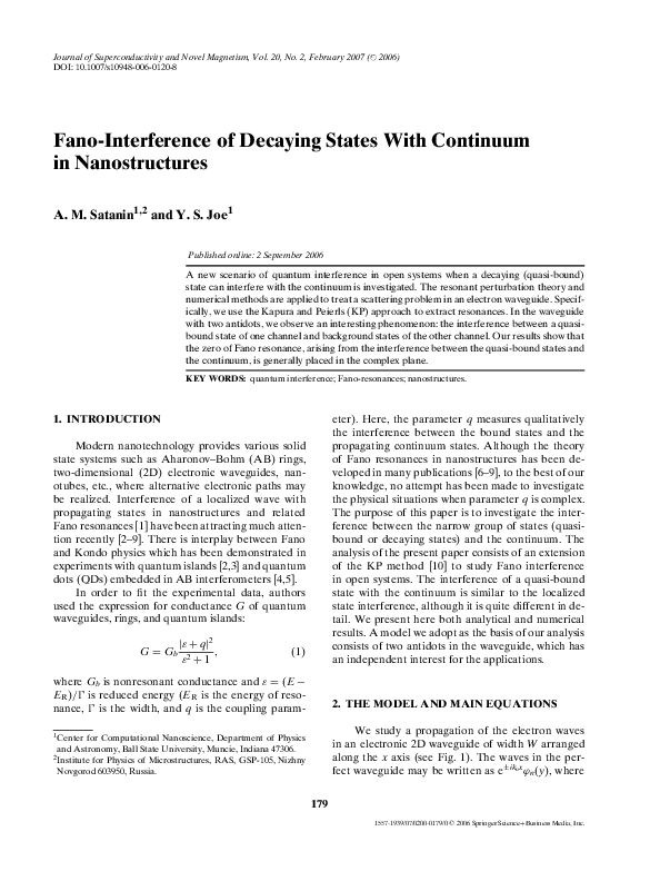 (PDF) Fano-Interference of Decaying States With Continuum in Nanostructures
