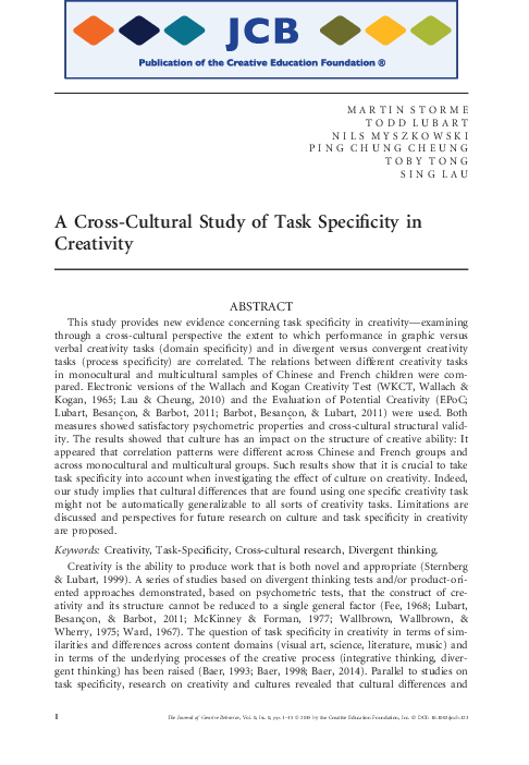 (PDF) A Cross-Cultural Study of Task Specificity in Creativity