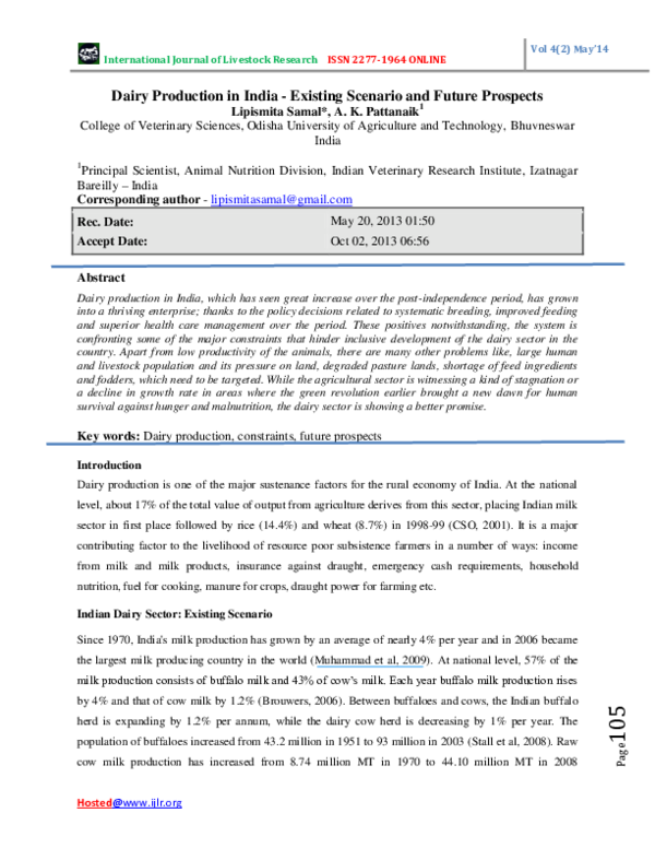 (PDF) Dairy Production in India - Existing Scenario and Future Prospects