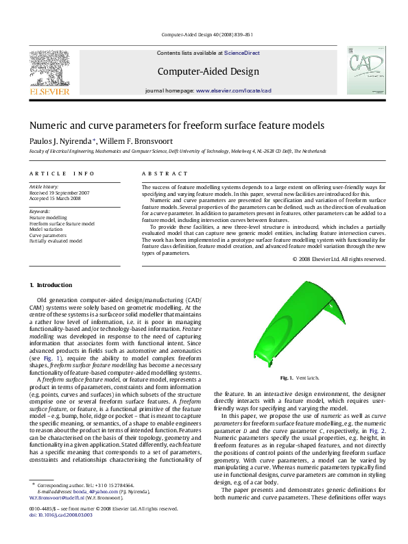 (PDF) Numeric and curve parameters for freeform surface feature models