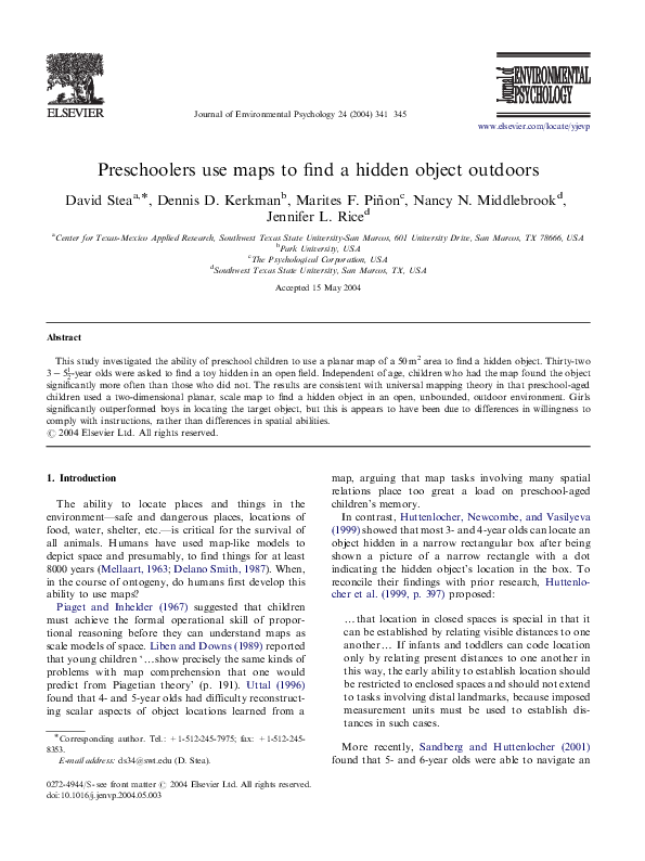 (PDF) Preschoolers use maps to find a hidden object outdoors | Marites ...