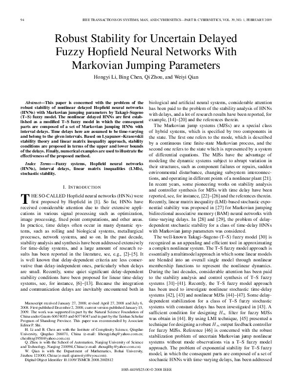 (PDF) Robust Stability for Uncertain Delayed Fuzzy Hopfield Neural Networks With Markovian ...