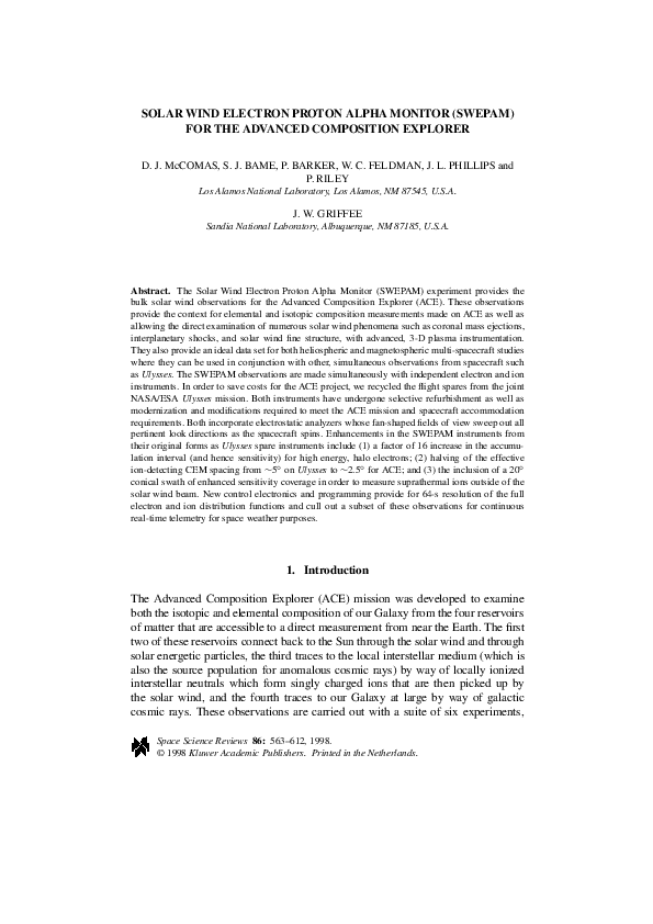 (PDF) Solar Wind Electron Proton Alpha Monitor (SWEPAM) for the Advanced Composition Explorer
