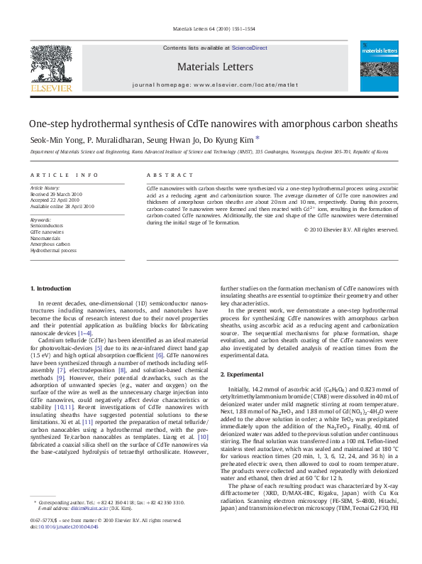 (PDF) One-step hydrothermal synthesis of CdTe nanowires with amorphous ...