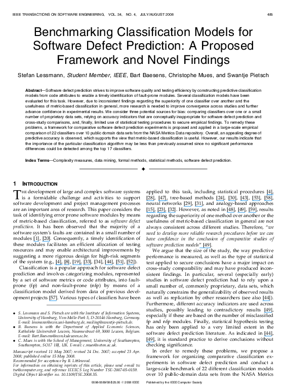 Pdf Benchmarking Classification Models For Software Defect Prediction A Proposed Framework