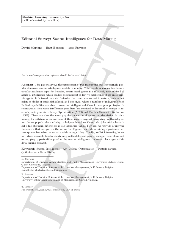 Pdf Editorial Survey Swarm Intelligence For Data Mining