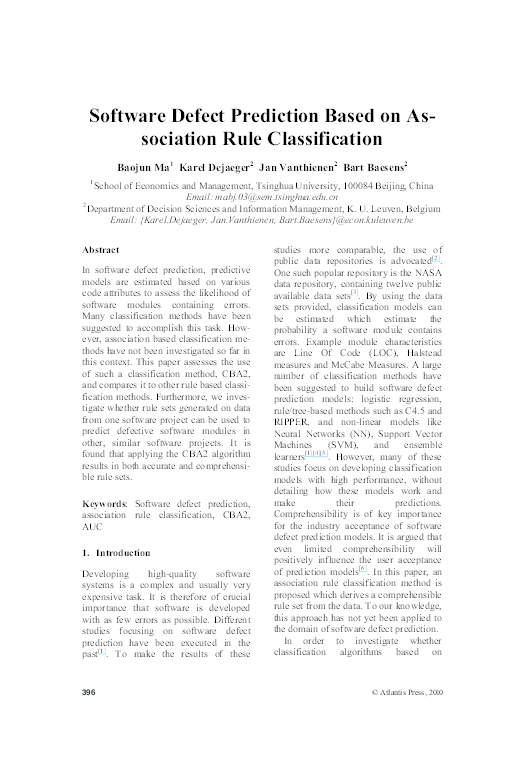 (PDF) Software Defect Prediction Based on Association Rule Classification