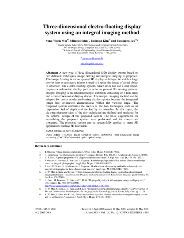 Pdf Three Dimensional Electro Floating Display System Using An Integral Imaging Method