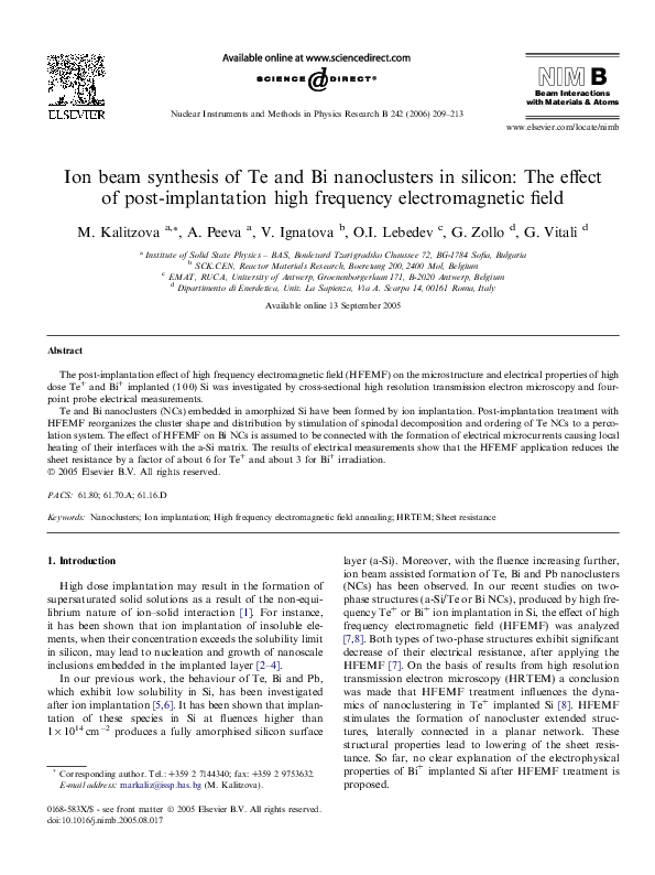 Pdf Ion Beam Synthesis Of Te And Bi Nanoclusters In Silicon The Effect Of Post Implantation