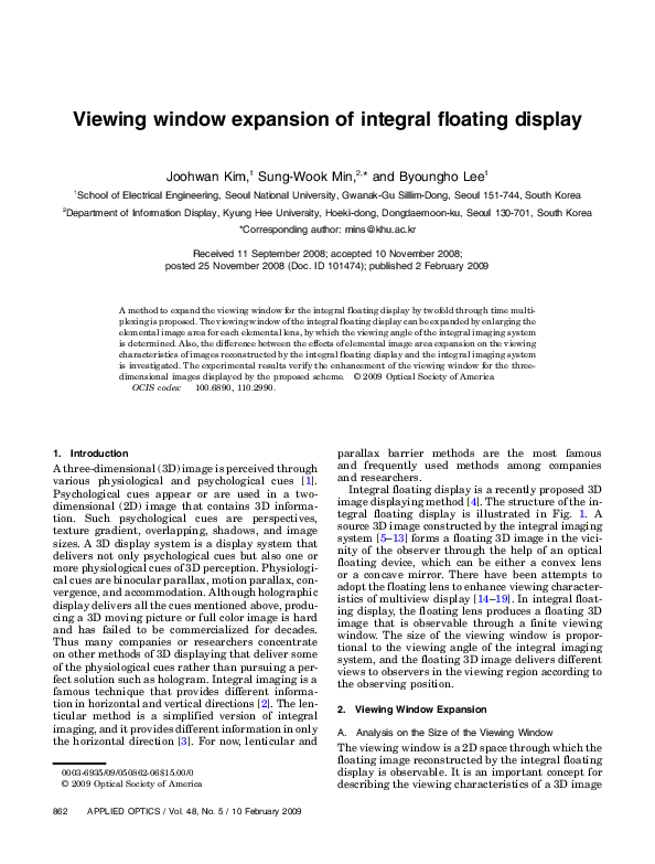 (PDF) Viewing window expansion of integral floating display