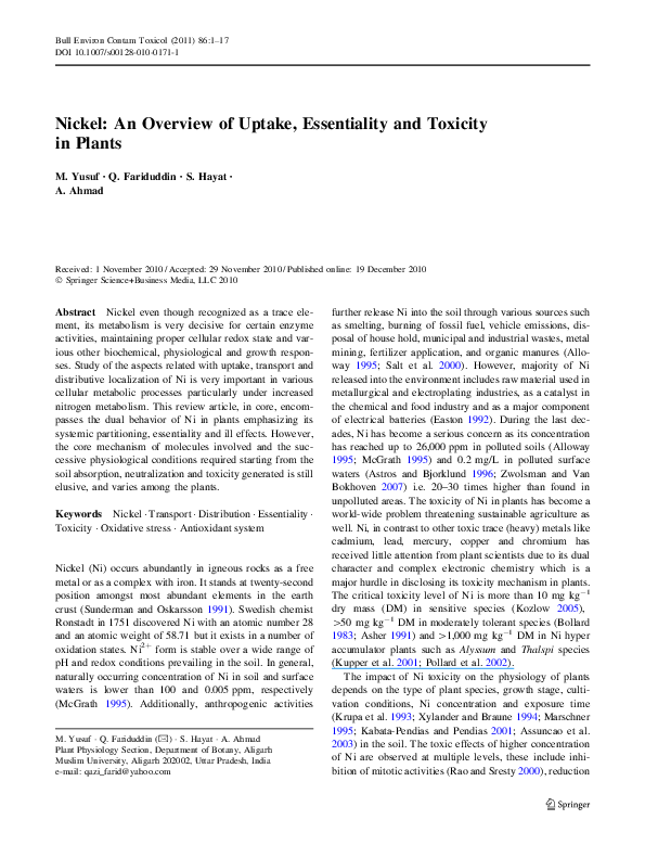 (PDF) Nickel: An Overview of Uptake, Essentiality and Toxicity in Plants
