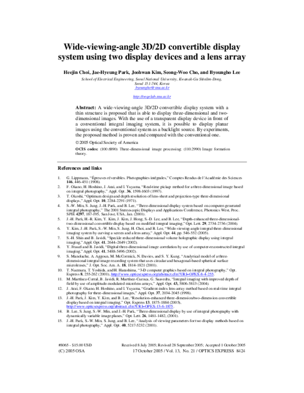 (PDF) Wide-viewing-angle 3D/2D convertible display system using two display devices and a lens array
