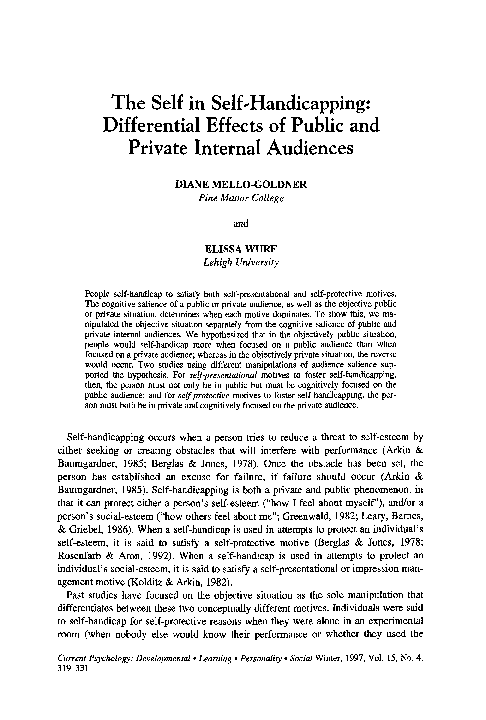 (PDF) The self in self-handicapping: Differential effects of public and ...
