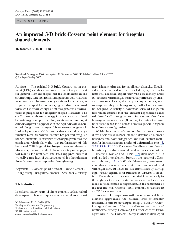 (PDF) An improved 3-D brick Cosserat point element for irregular shaped elements