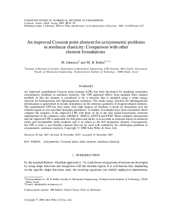 Pdf An Improved Cosserat Point Element For Axisymmetric Problems In Nonlinear Elasticity
