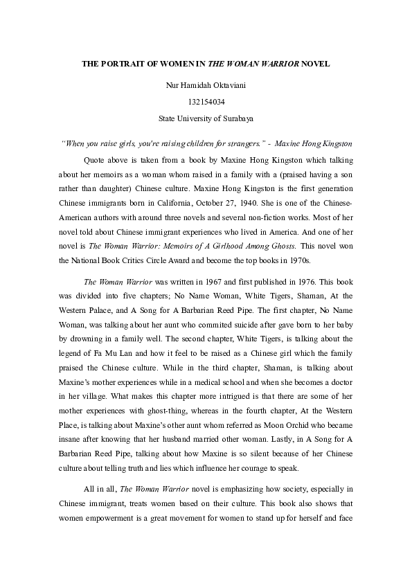 (DOC) THE PORTRAIT OF WOMEN IN THE WOMAN WARRIOR NOVEL