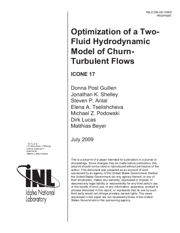 (PDF) Optimization of a Two-Fluid Hydrodynamic Model of Churn-Turbulent Flow | Donna Guillen ...