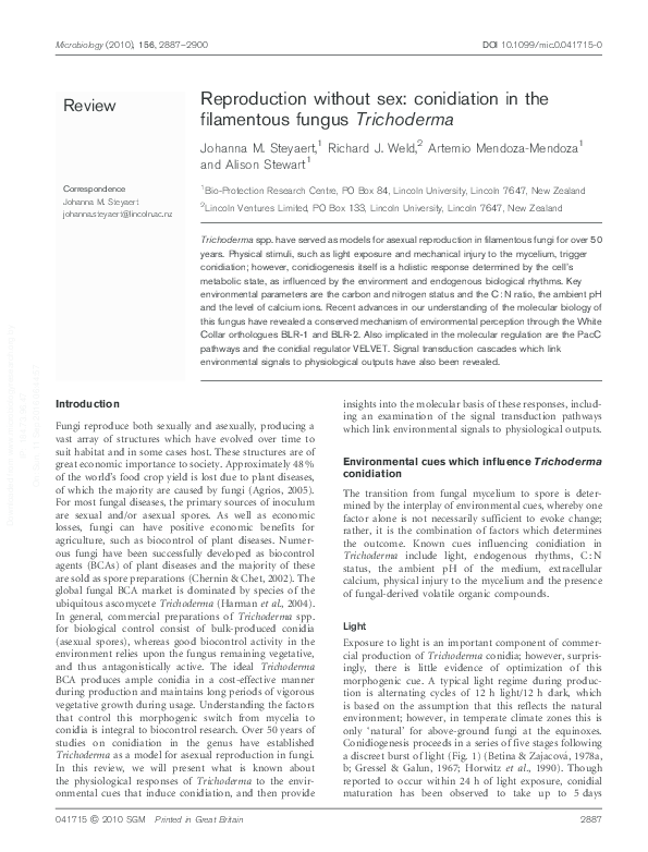 Pdf Reproduction Without Sex Conidiation In The Filamentous Fungus Trichoderma