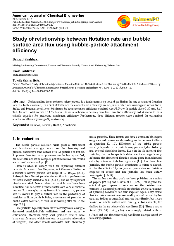 (PDF) Study of Relationship between Flotation Rate and Bubble Surface Area Flux using Bubble ...