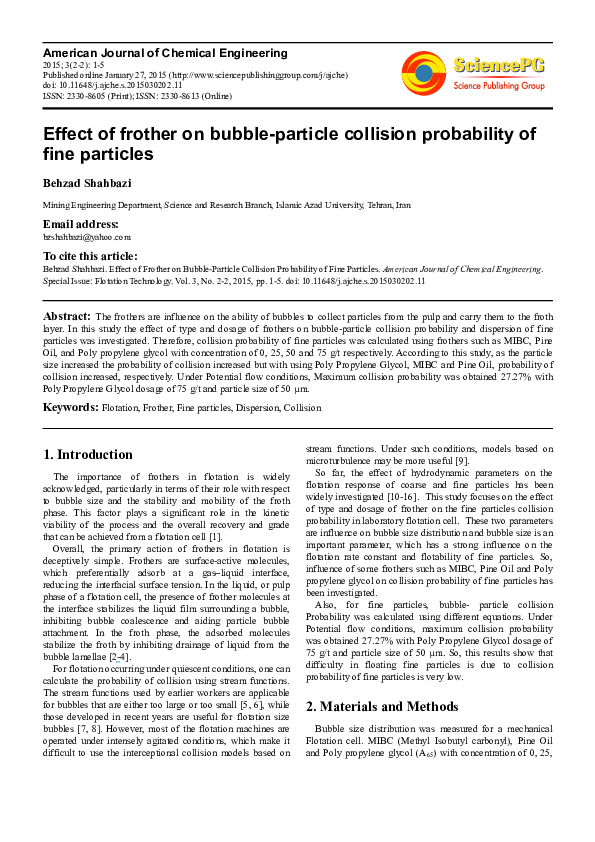 (PDF) Effect of frother on bubble-particle collision probability of fine particles