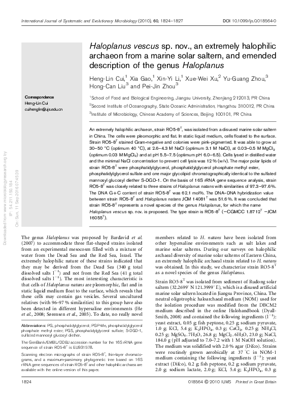 (PDF) Haloplanus vescus sp. nov., an extremely halophilic archaeon from ...