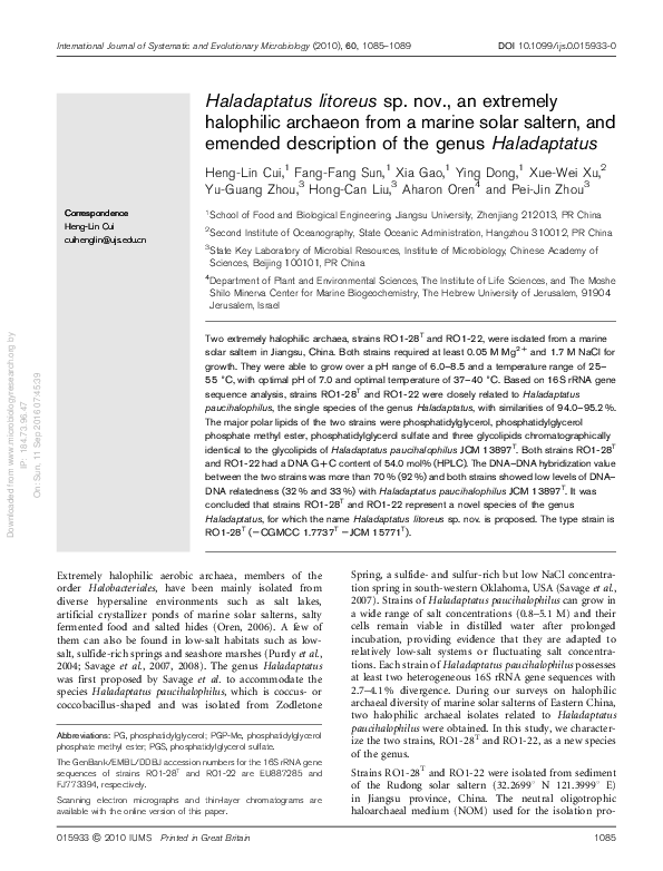 (PDF) Haladaptatus litoreus sp. nov., an extremely halophilic archaeon from a marine solar ...