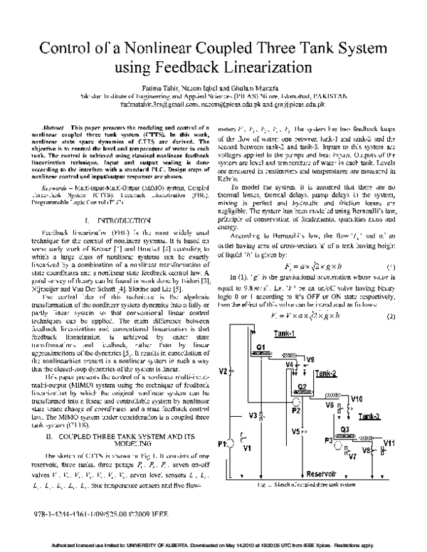(PDF) Control of a nonlinear coupled three tank system using feedback linearization