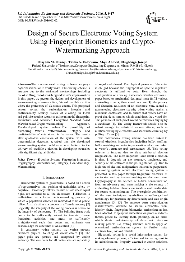 Pdf Design Of Secure Electronic Voting System Using Fingerprint Biometrics And Crypto