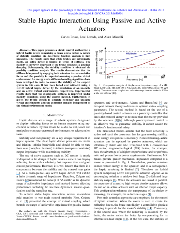 (PDF) Stable haptic interaction using passive and active actuators