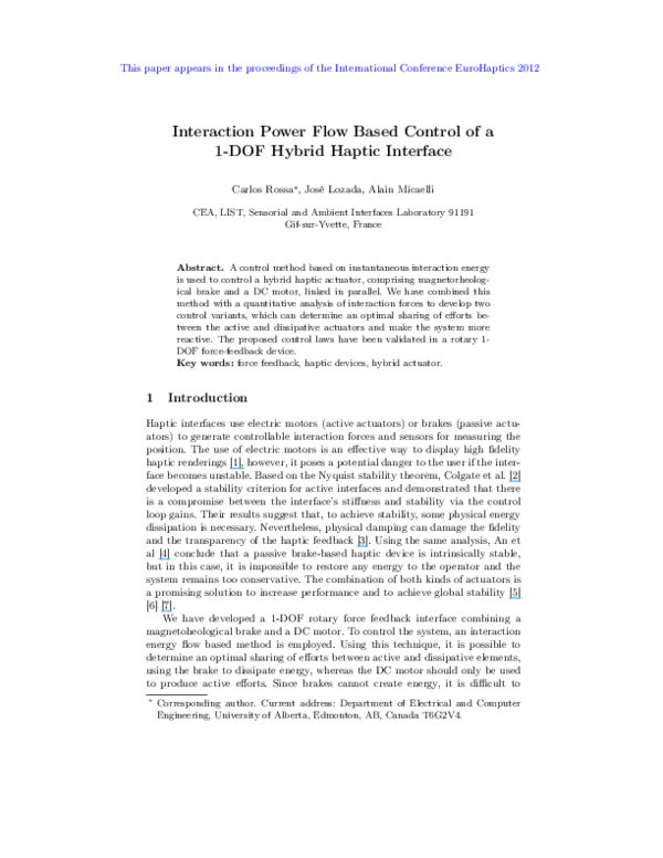 (PDF) Interaction Power Flow Based Control of a 1-DOF Hybrid Haptic Interface