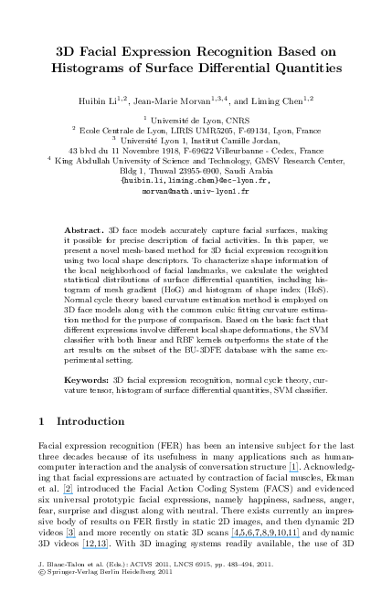 Pdf 3d Facial Expression Recognition Based On Histograms Of Surface Differential Quantities