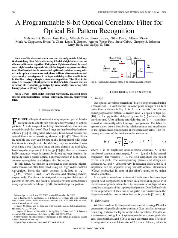 (PDF) A Programmable 8-bit Optical Correlator Filter for Optical Bit Pattern Recognition