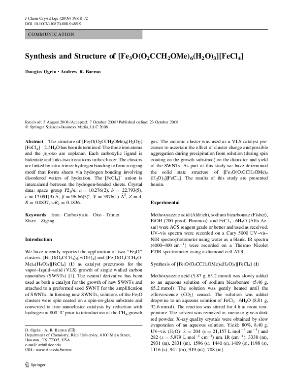 (PDF) Synthesis and Structure of [Fe3O(O2CCH2OMe)6(H2O)3][FeCl4] | Andrew Barron - Academia.edu