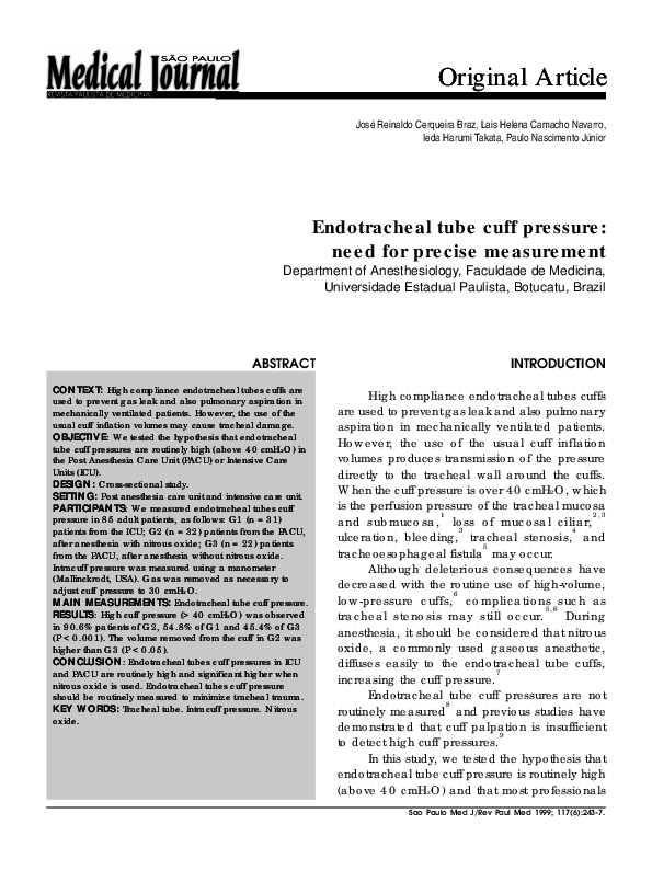 (PDF) Endotracheal tube cuff pressure: need for precise measurement