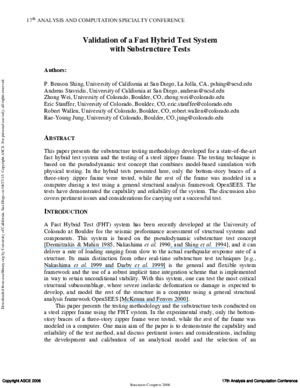 Pdf Validation Of A Fast Hybrid Test System With Substructure Tests