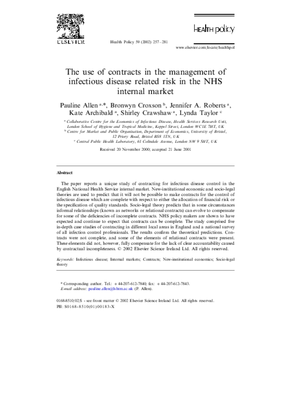 (PDF) The use of contracts in the management of infectious disease ...