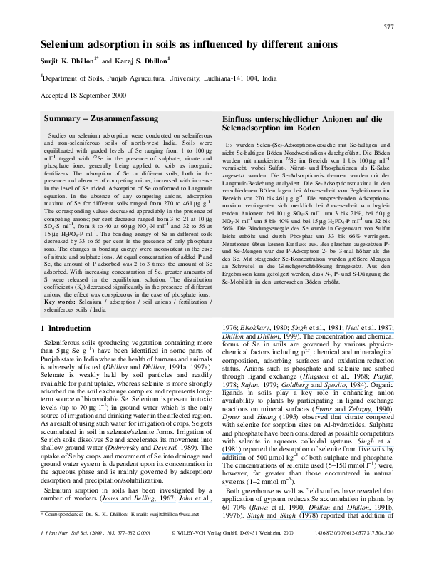 (PDF) Selenium adsorption in soils as influenced by different anions